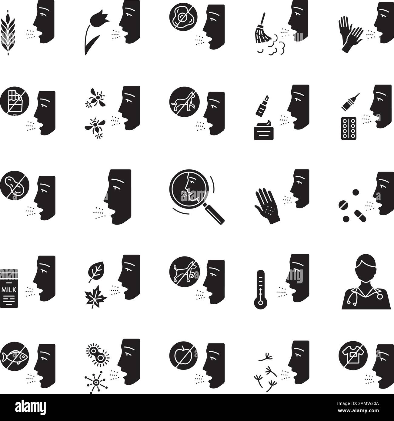 Allergies glyph icons set. Respiratory, skin, food sensitivity ...