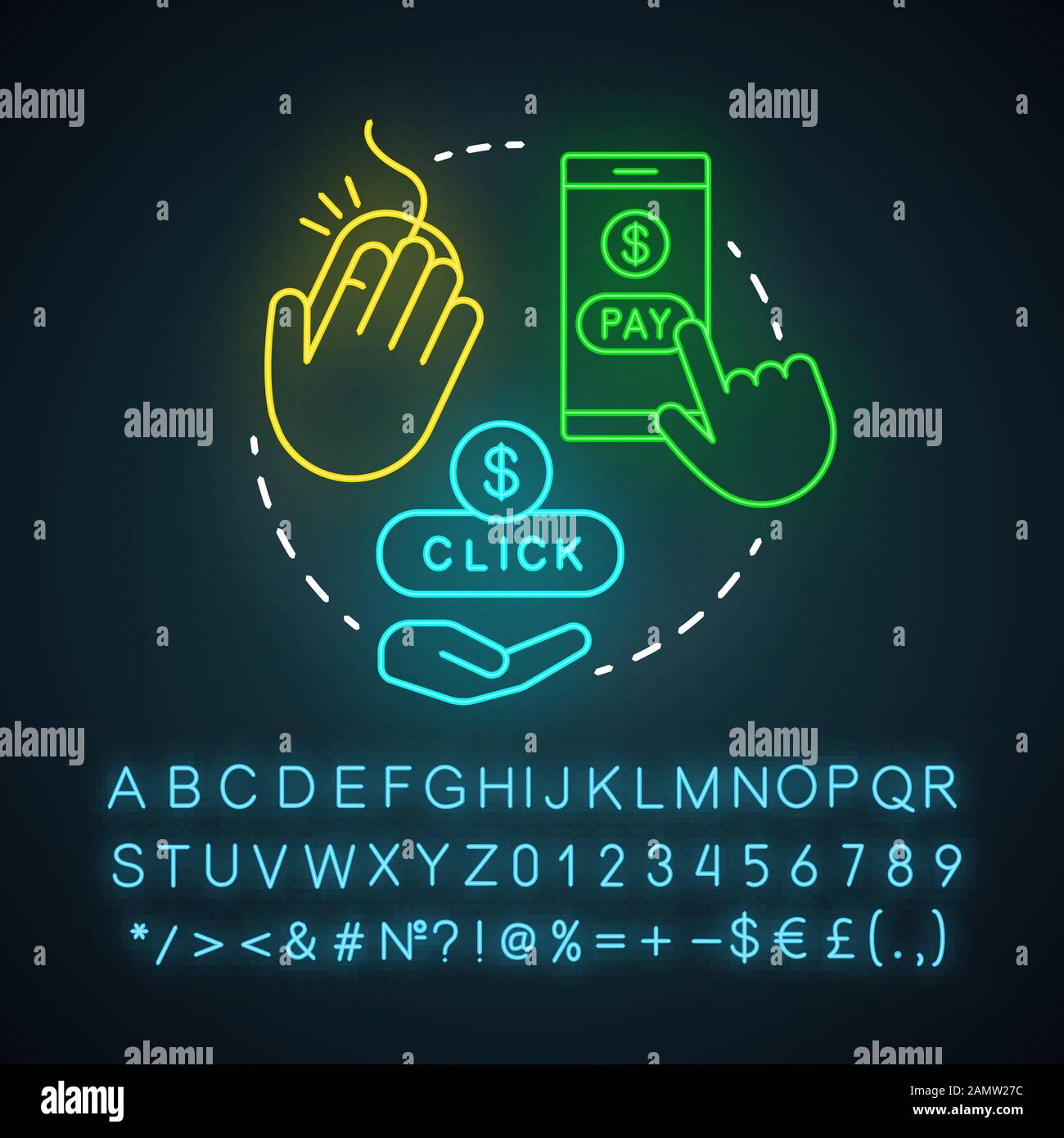 PPC neon light icon. Digital marketing tactic. Pay per click. Internet ...