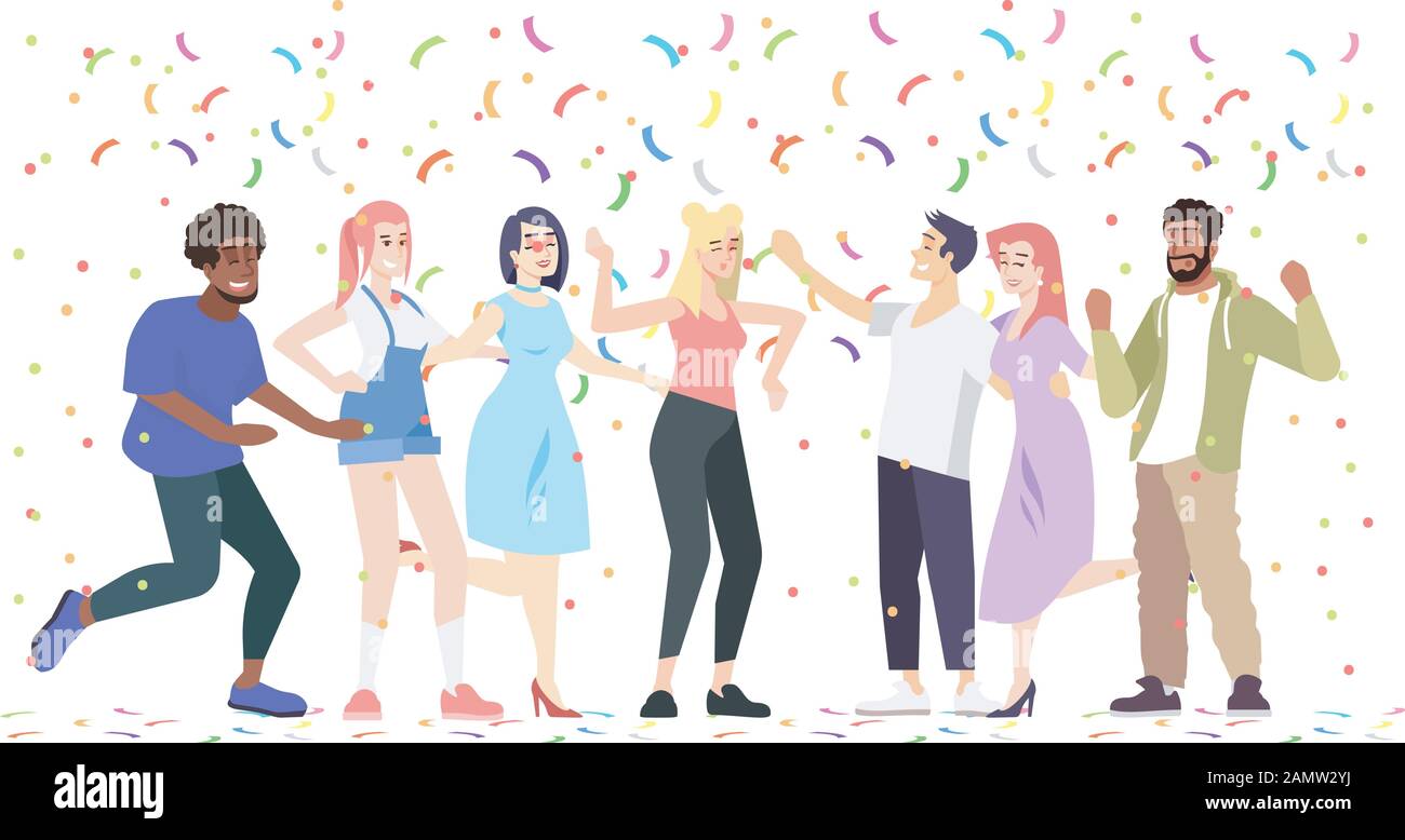 Students dancing, having fun vector illustration. Young people ...