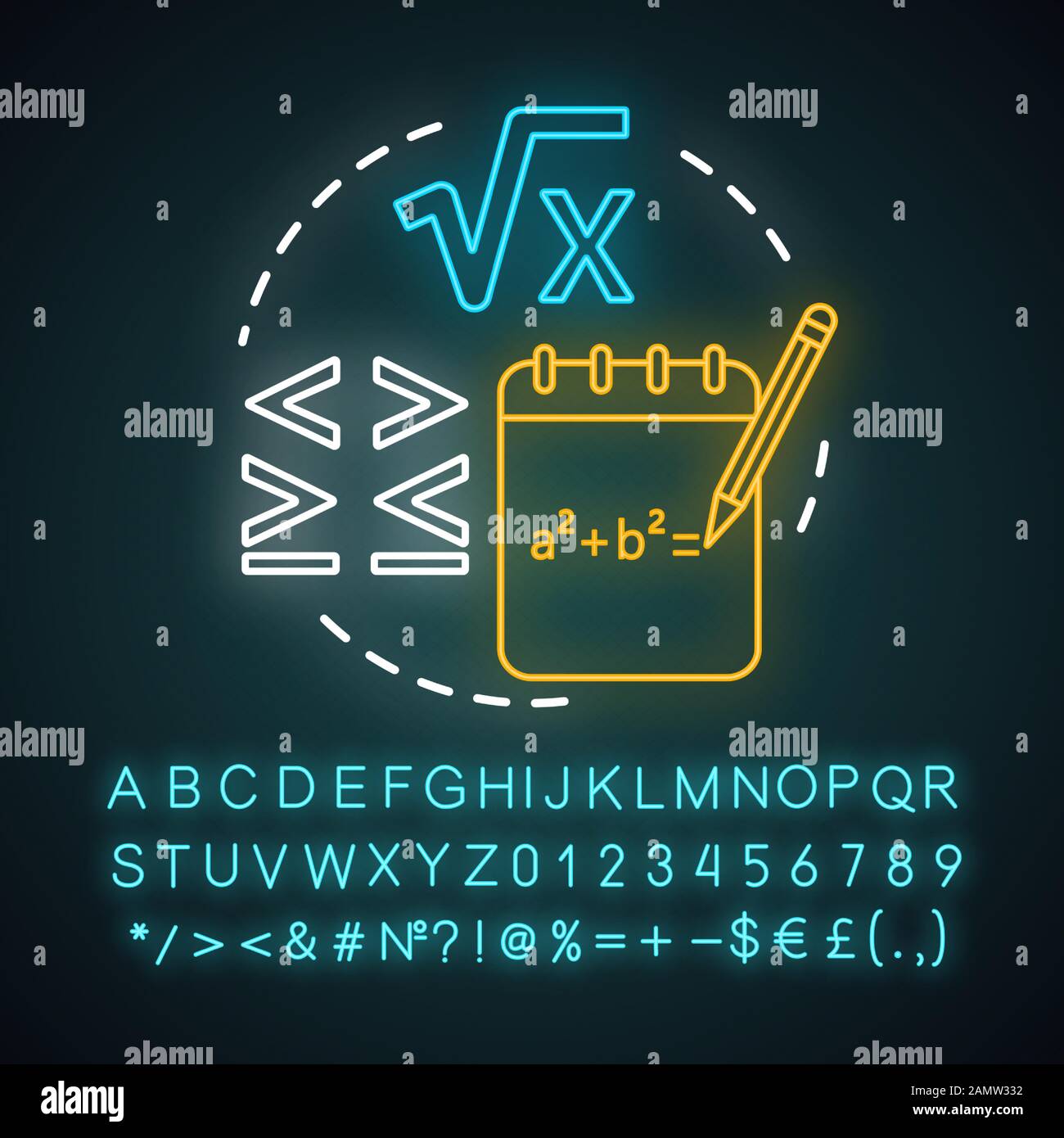 Algebra neon light concept icon. Advanced calculations, learning ...