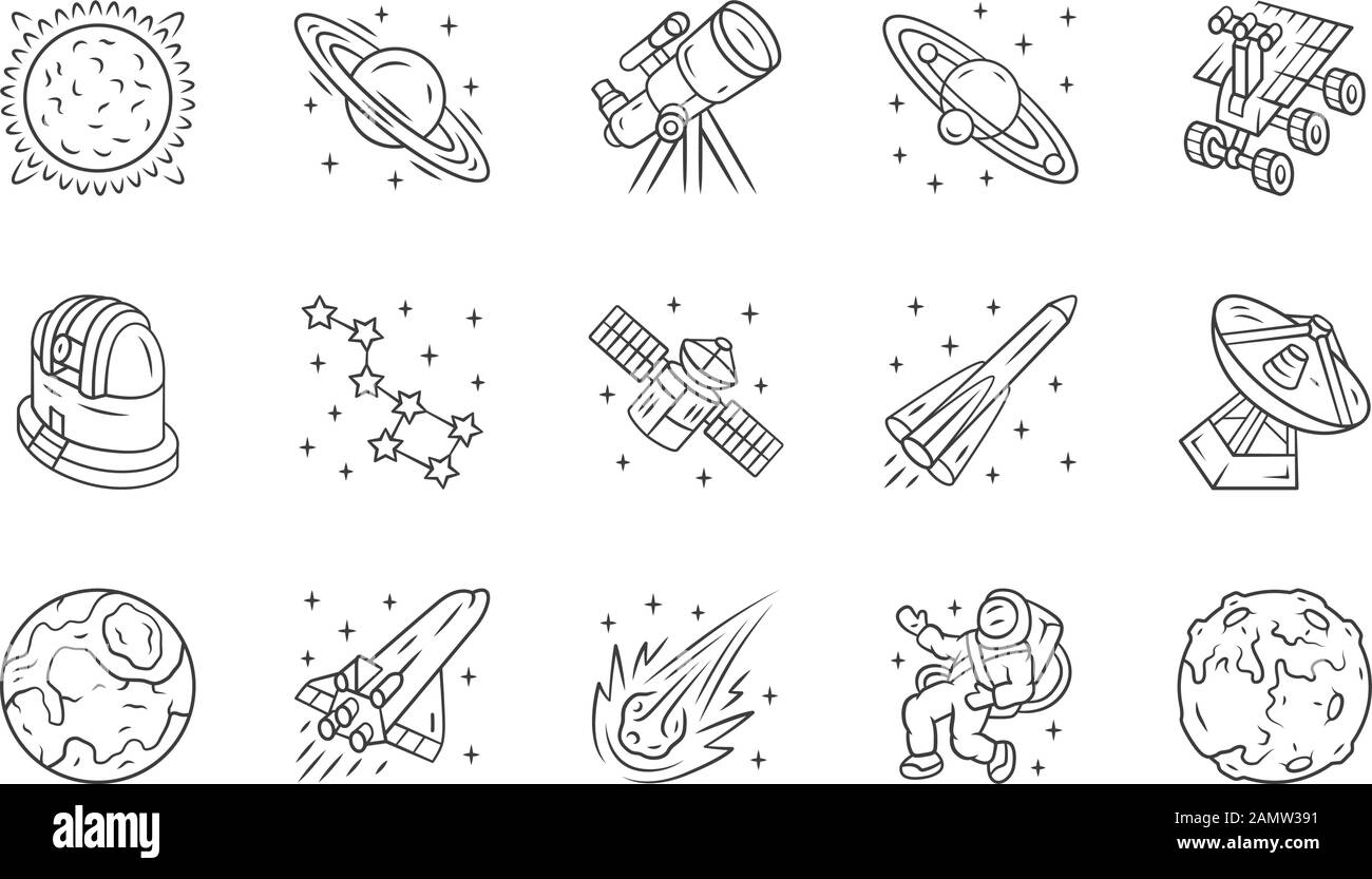 Astronomy linear icons set. Space exploration. Astronomical observations. Starry sky study ...