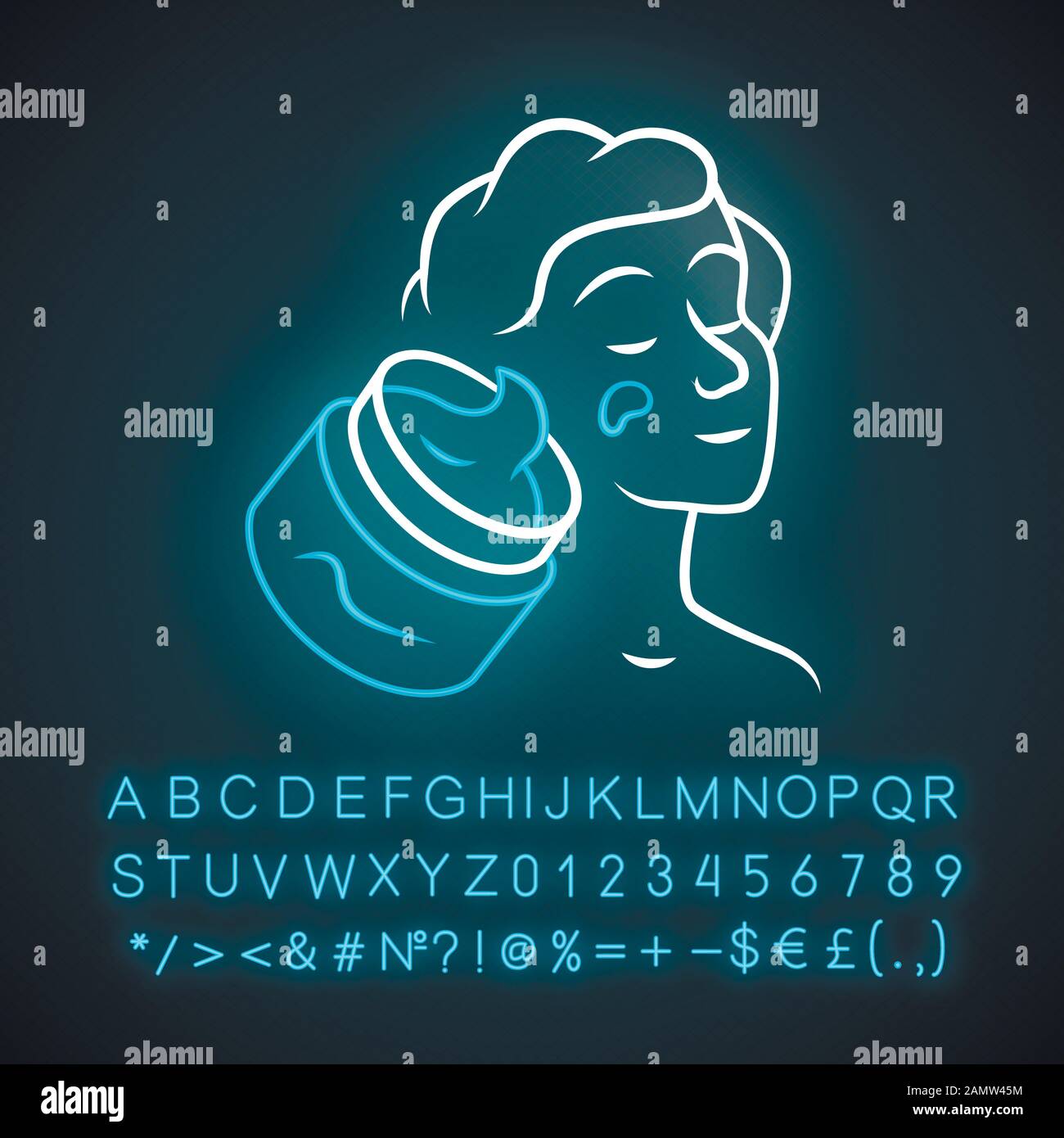 Moisturizing facial cream neon light icon. Glowing sign with alphabet ...