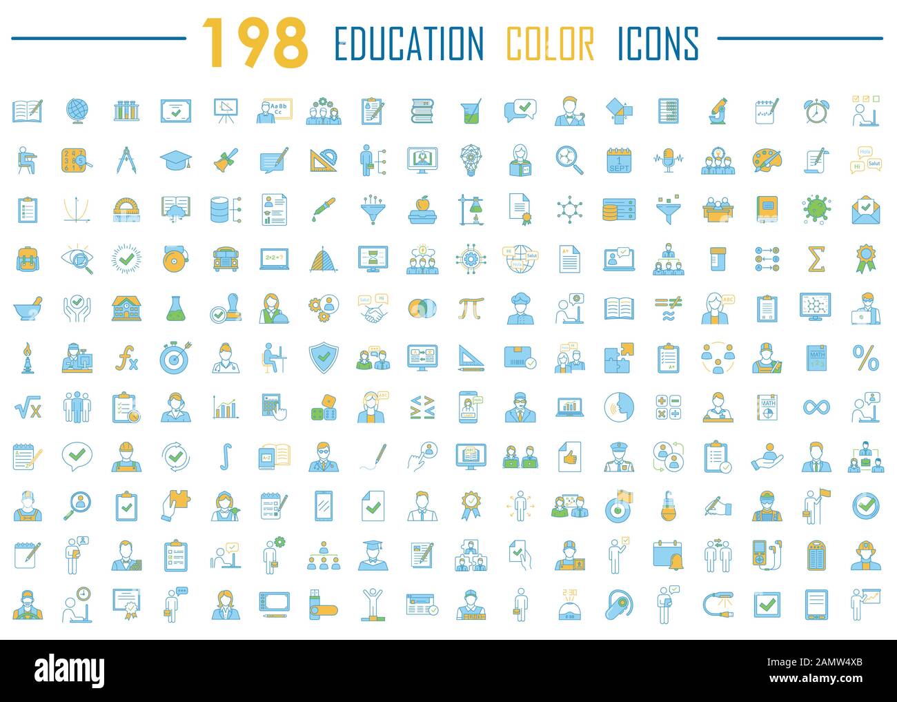 Education color icons big set. School, university, home learning, self ...