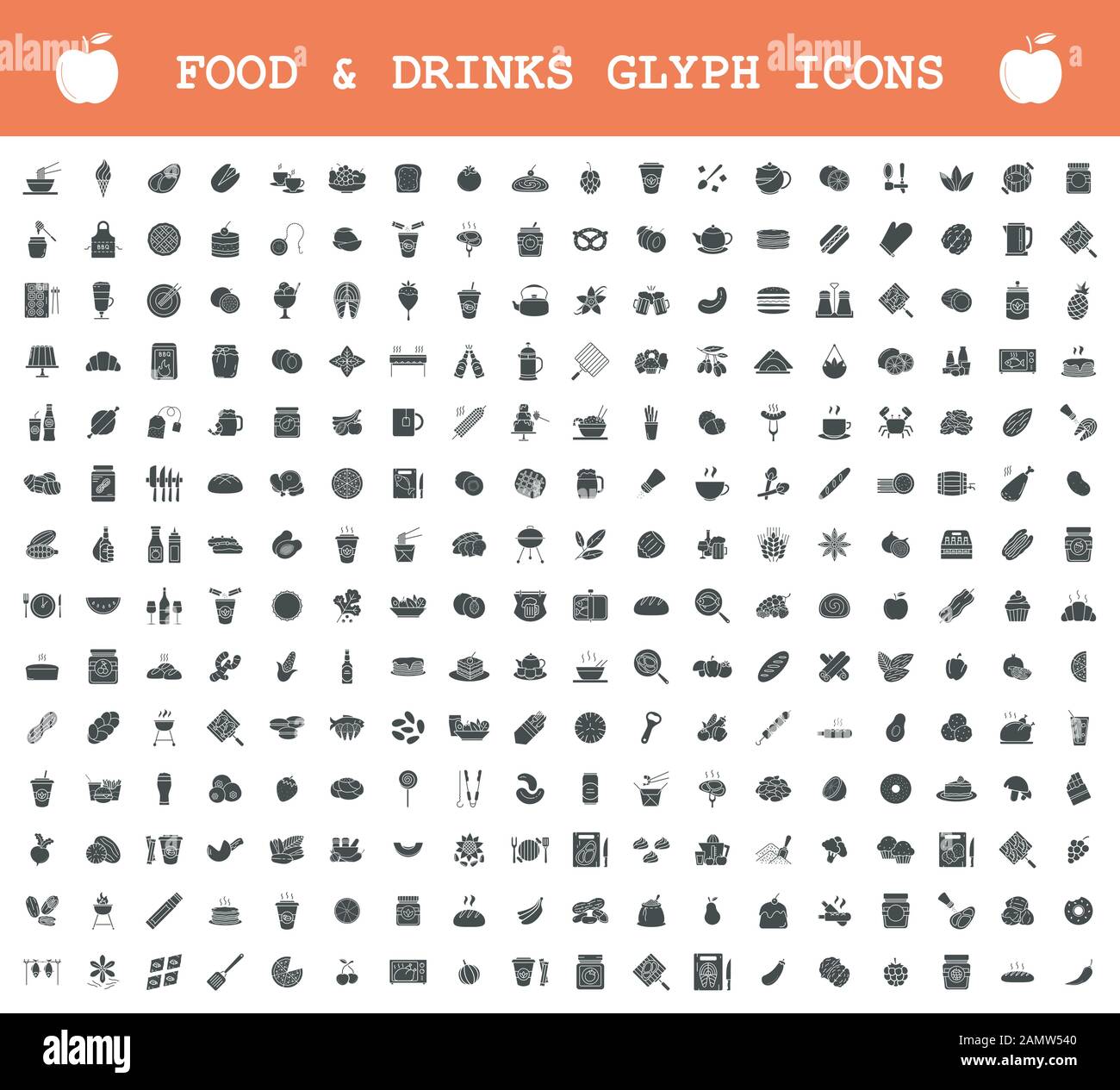 Food and drinks glyph icons big set. Restaurant menu and BBQ. Meat ...