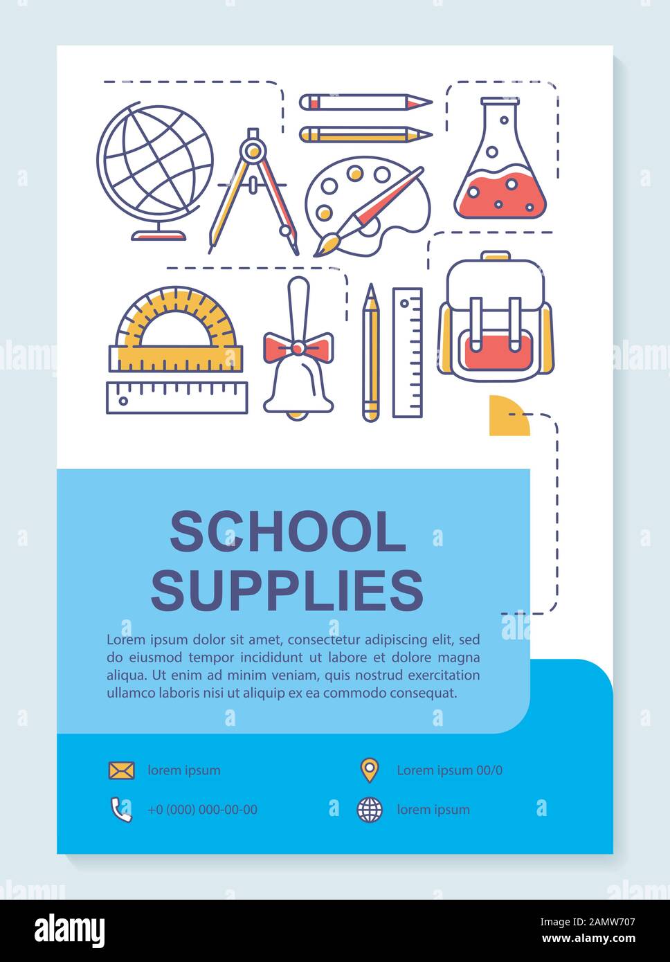 School supplies brochure template layout. Stationery for studying. Flyer, booklet, leaflet print ...