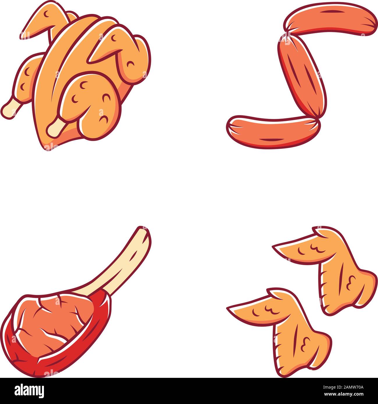 Butchers meat color icons set. Grilled chicken carcase and wings ...