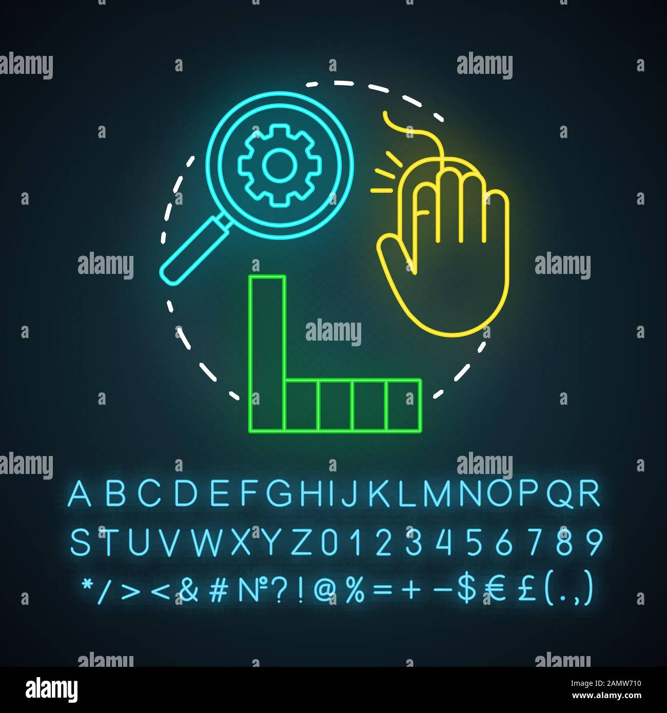 First-touch attribution neon light icon. Digital marketing channel ...