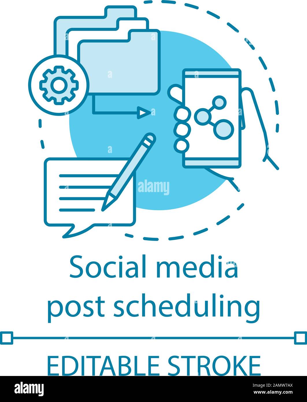 Social media post scheduling blue concept icon. Social management ...