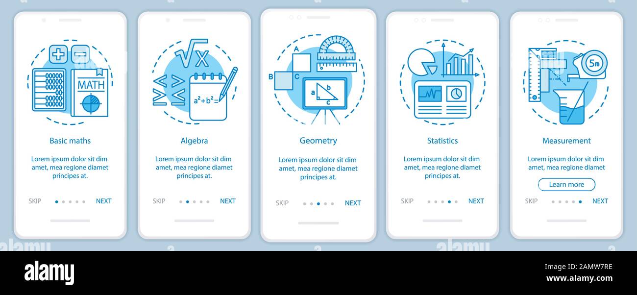 Learning maths course, educational tool onboarding mobile app page screen vector template ...