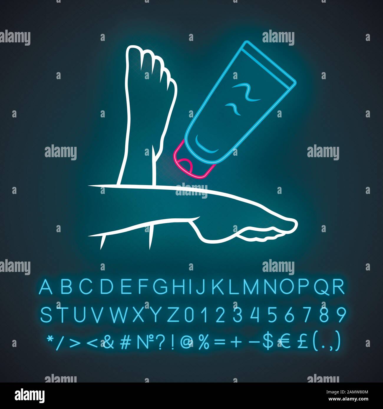 Sunblock, moisturizing foot cream neon light icon. Glowing sign with ...