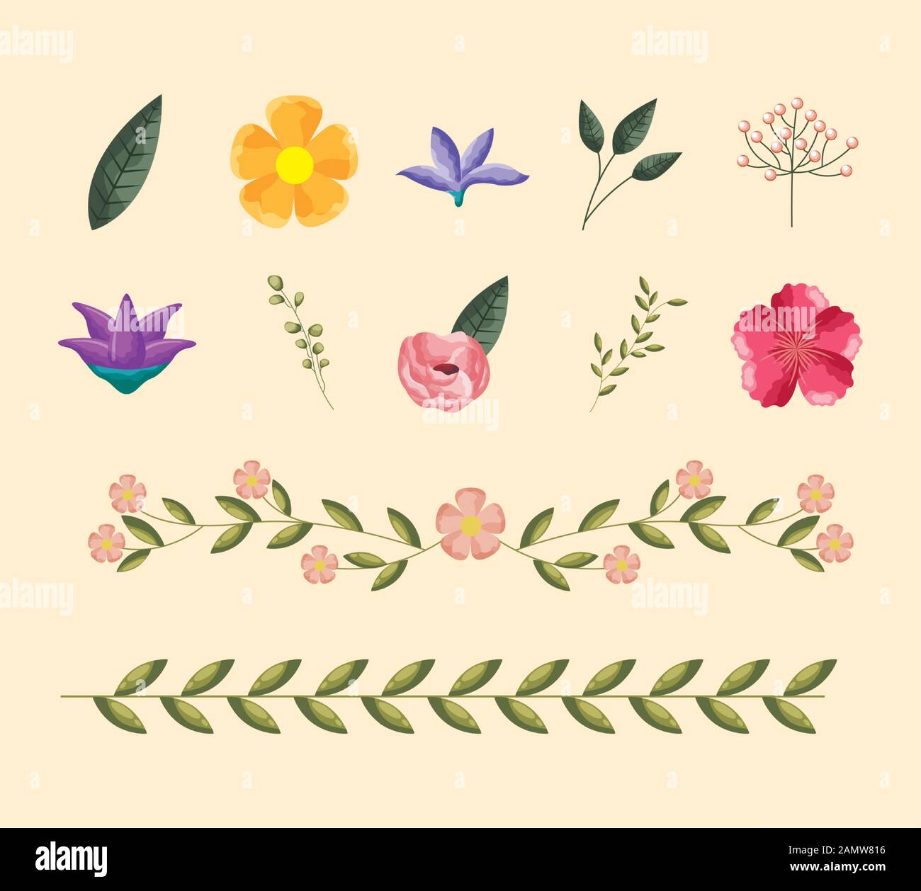 bundle of flowers and leafs spring season icons Stock Vector Image ...