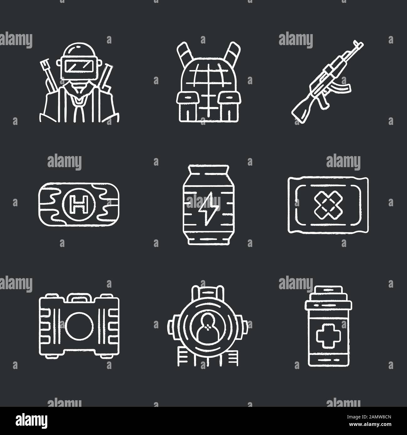 Online game inventory chalk icons set. Esports, cybersports. Soldier ...