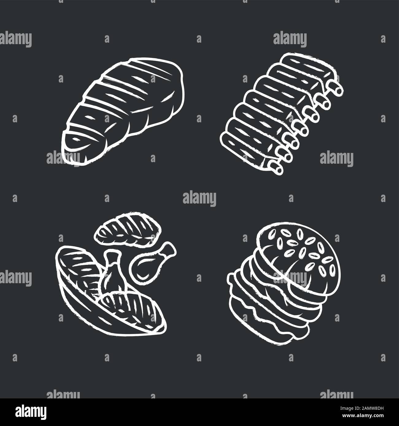 Meat dishes chalk icons set. Steak, beef ribs, chicken legs, burger ...