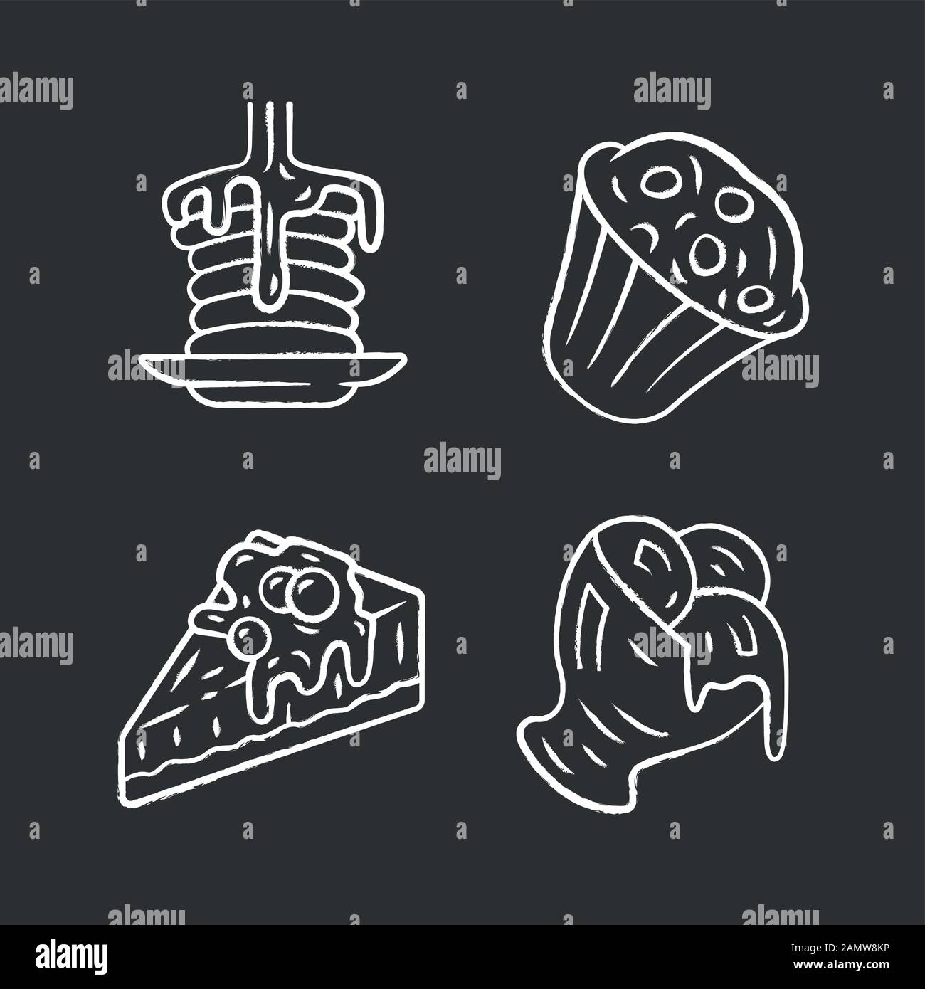 Desserts chalk icons set. Pancakes, muffin, cheesecake, ice cream ...