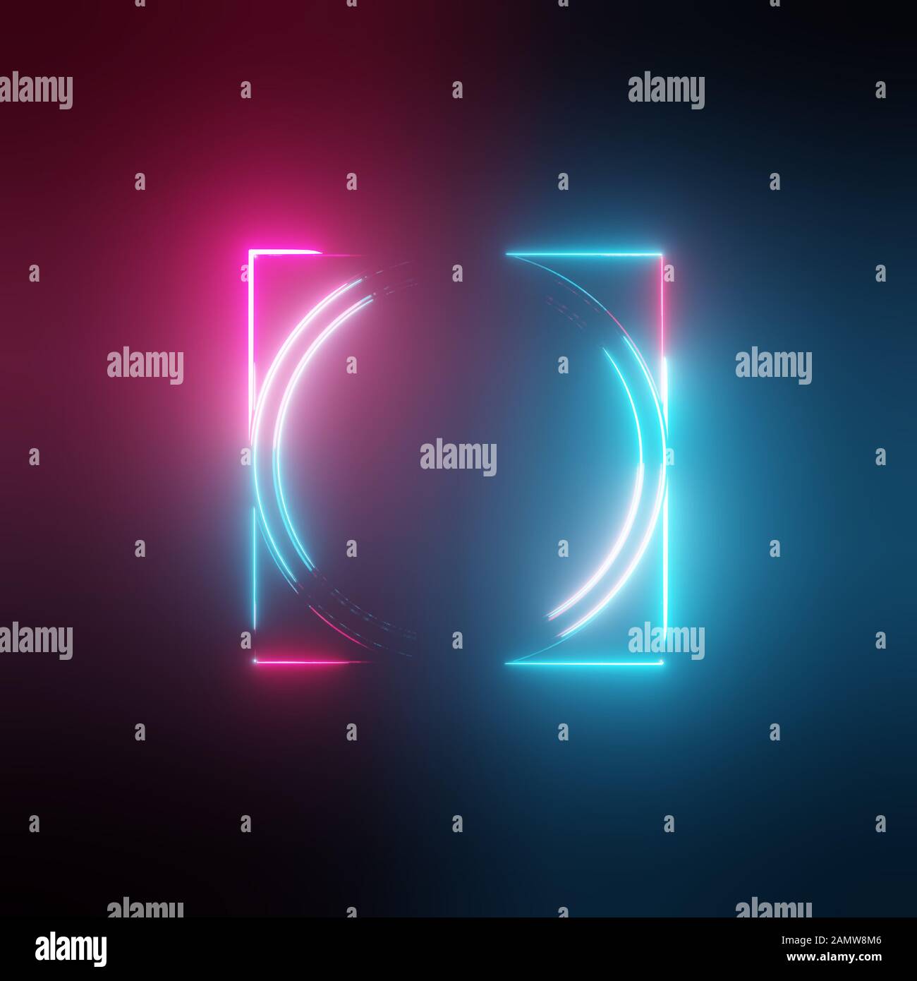 Neon light circles and square frames on dark background. 3D ...