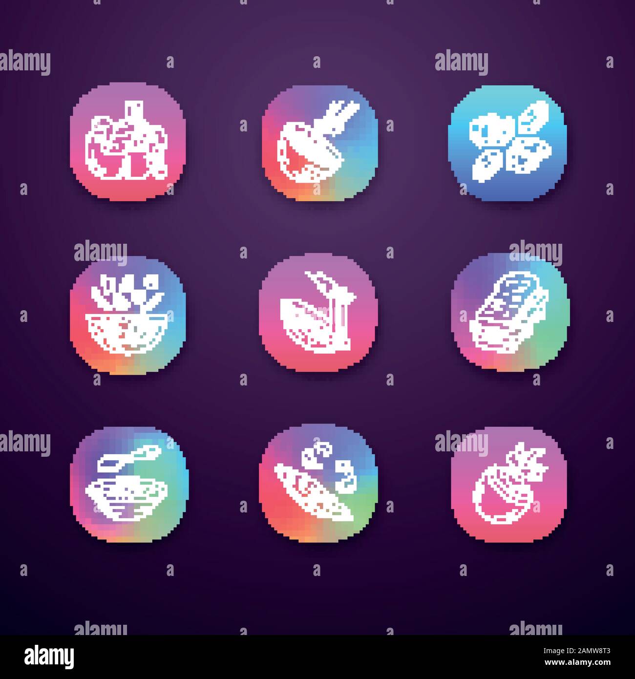 Restaurant menu dishes app icons set. Salads, soup, main dishes. Rice ...
