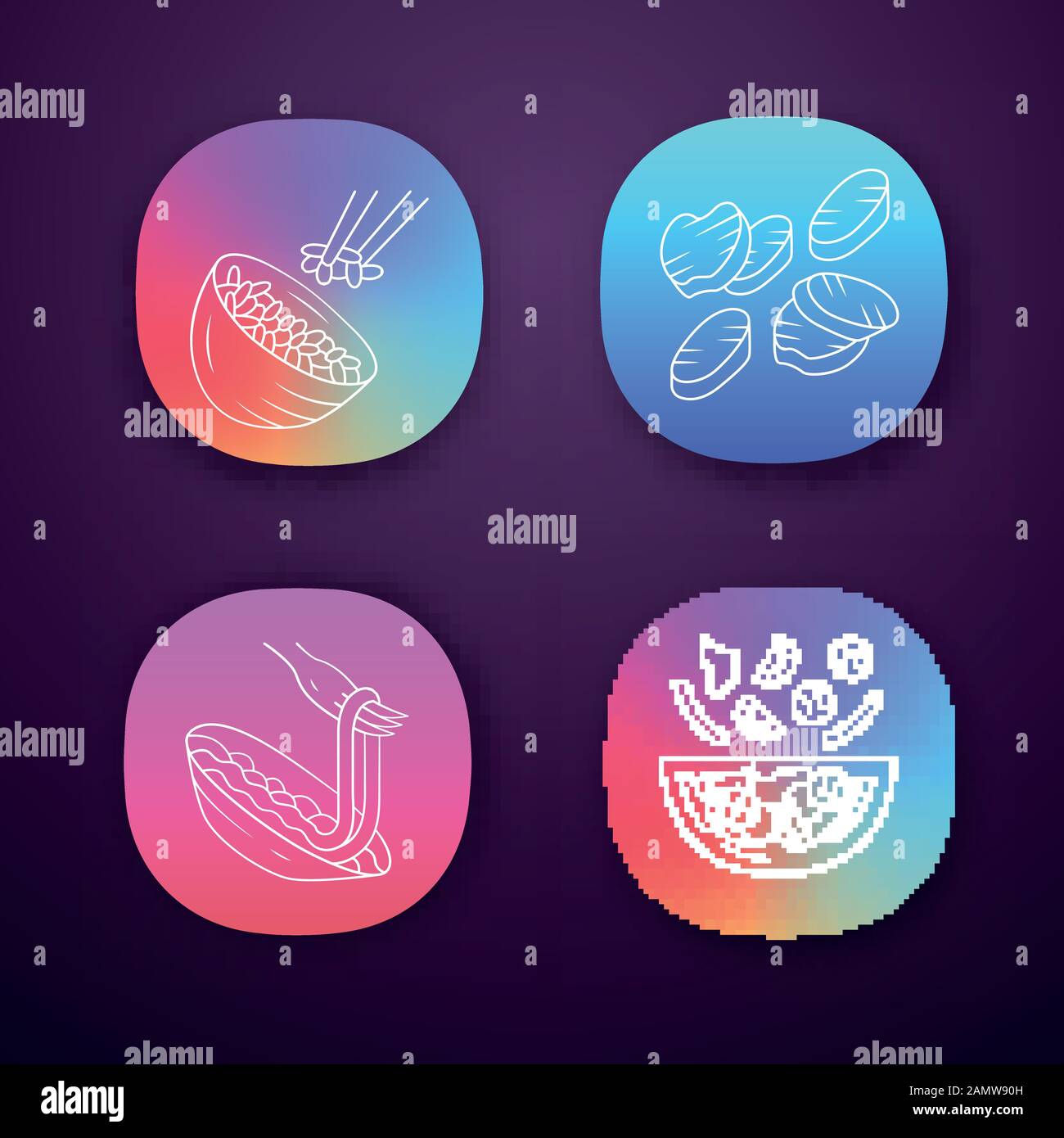 Organic food app icons set. Rice, grilled vegetables, pasta. Dinner ...