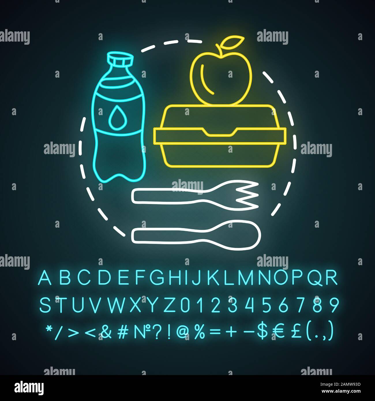 School lunchtime, meal break neon light concept icon. Catering ...