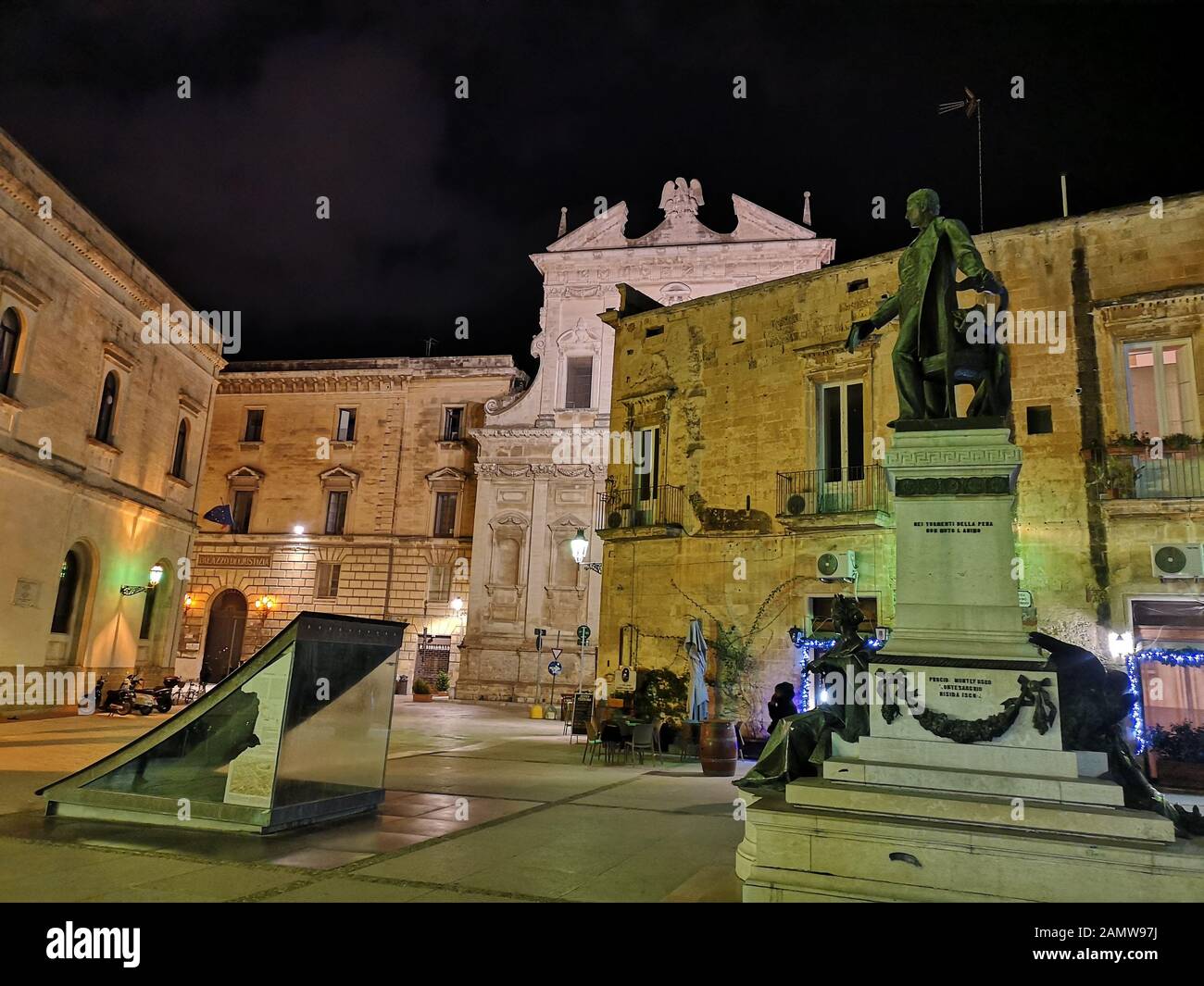 Night view of the streets of the baroque city of Lecce in Apulia, Italy ...