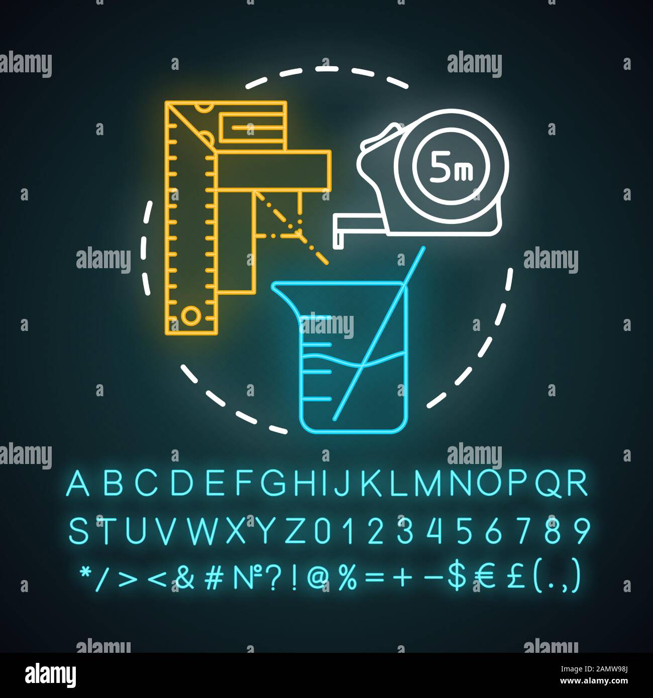 Measurement possibilities, measuring equipment neon light concept icon ...