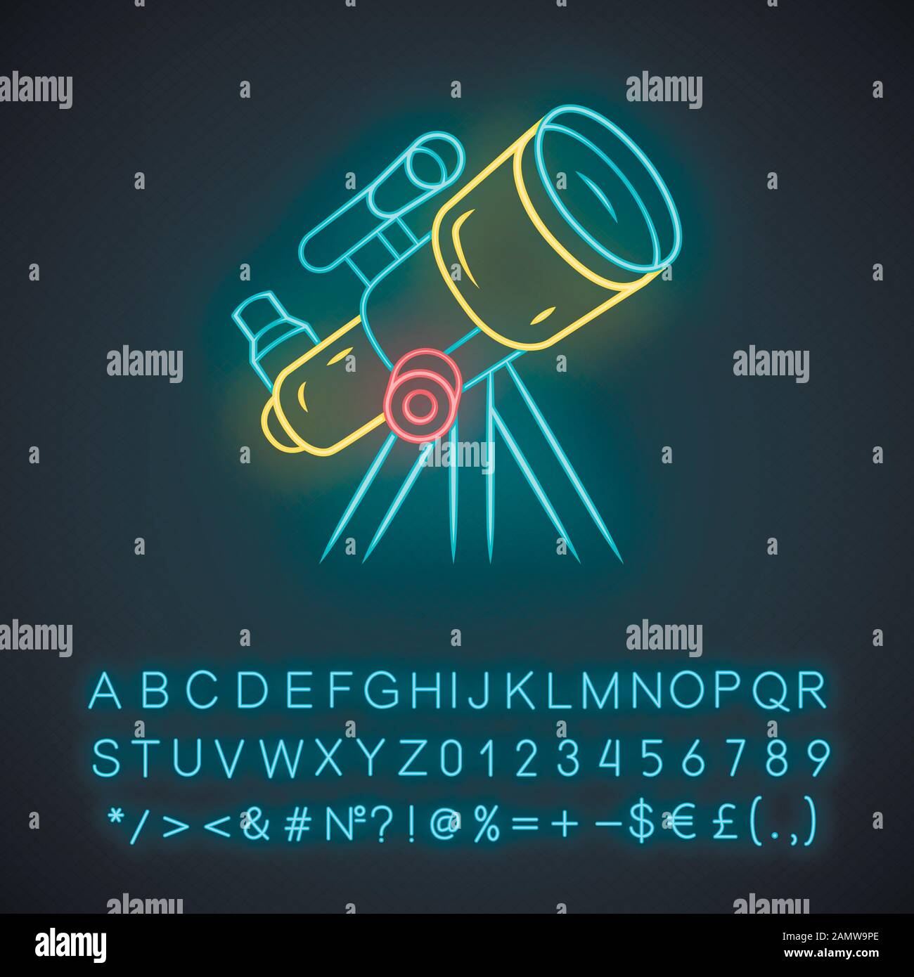Telescope neon light icon. Moon, planets exploration. Spyglass on ...