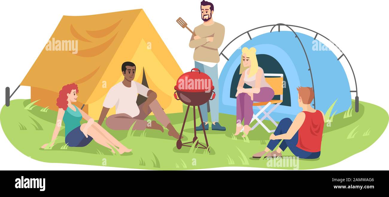 Students camping trip flat vector illustration. Happy men and women ...