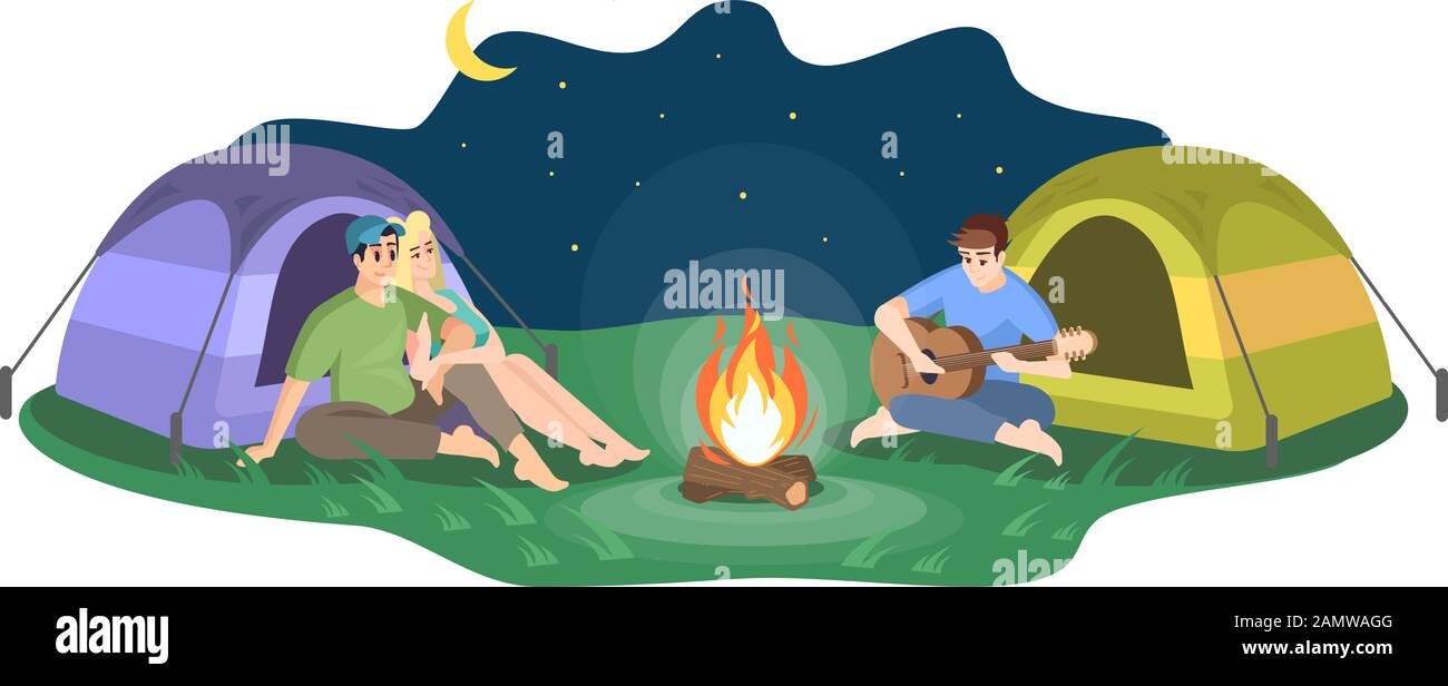 Night camping flat vector illustration. Happy couple and man playing ...