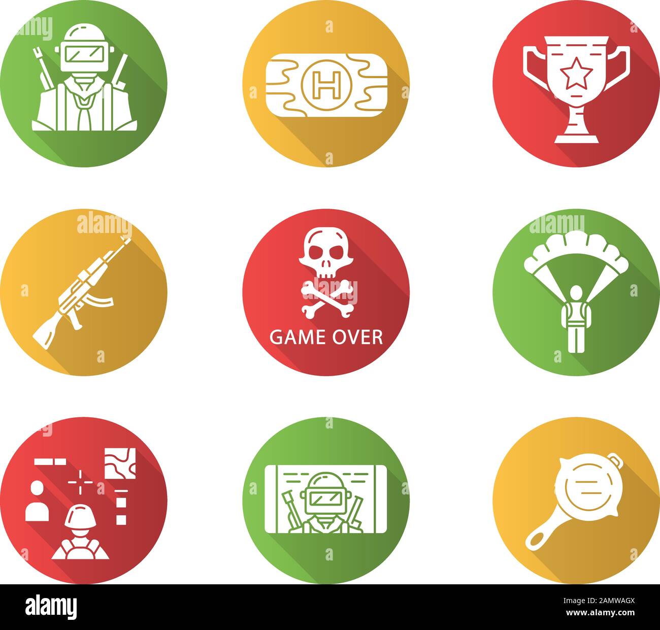 Online game inventory flat design long shadow glyph icons set. Player ...