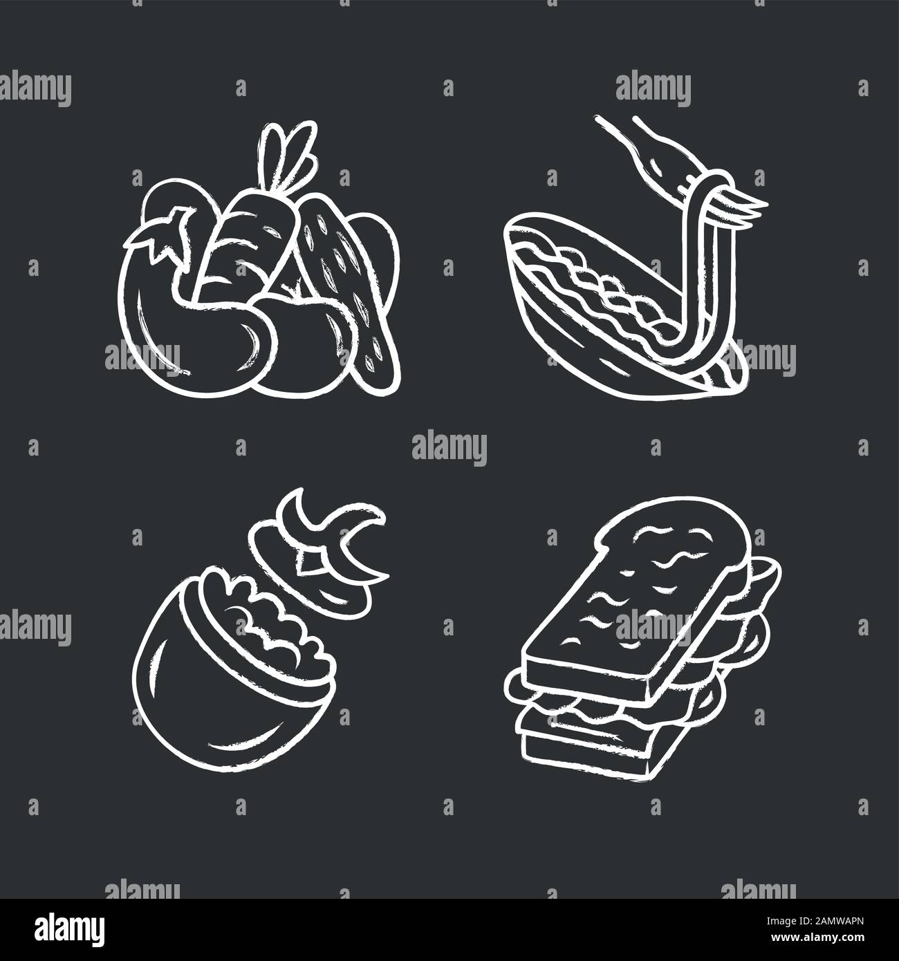 Nutritious food chalk icons set. Vegetables, pasta, stuffed tomato ...