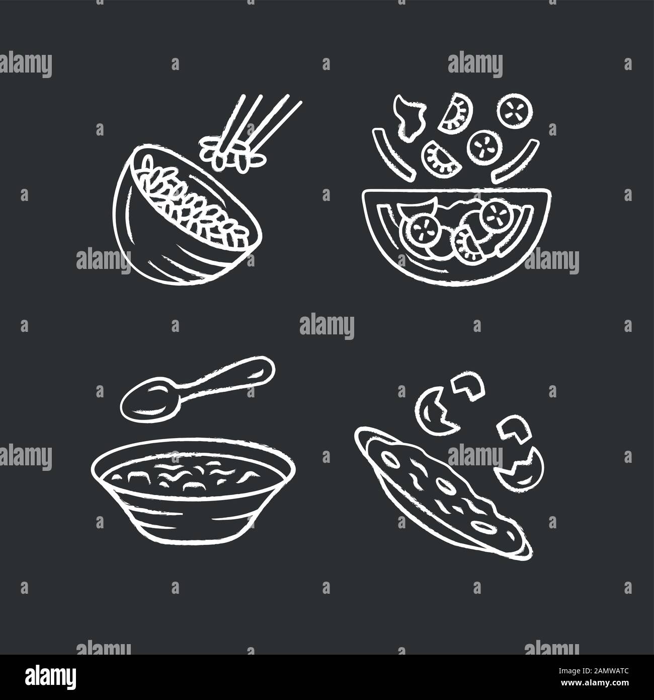 Organic food chalk icons set. Rice, vegetables, eggs. Salad, soup ...