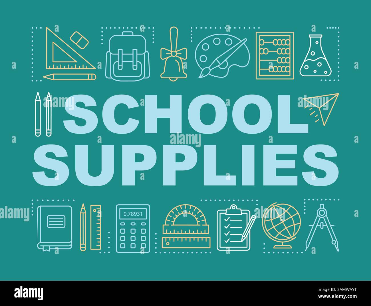 School supplies, tools word concepts banner. Educational accessories ...