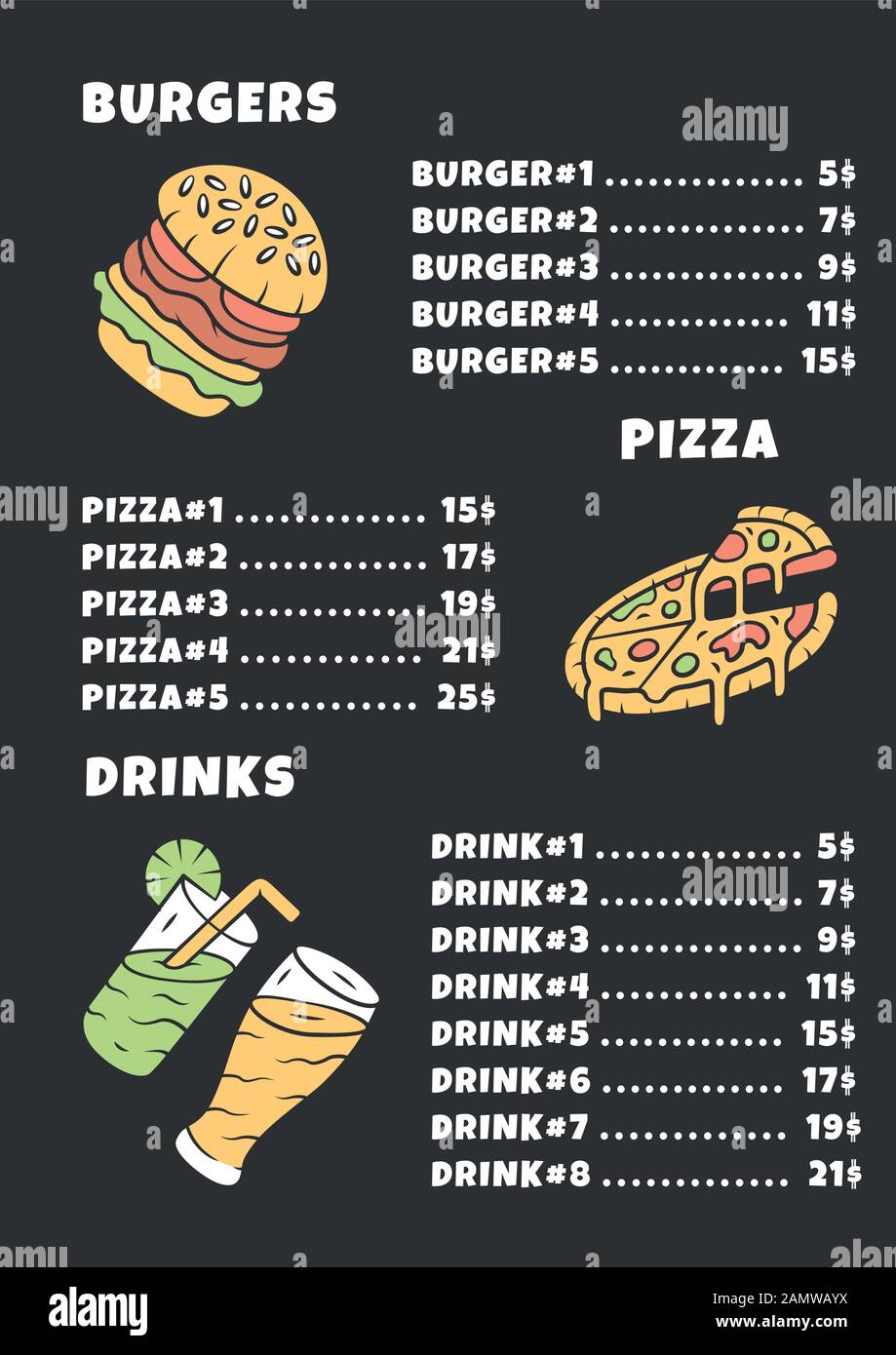 Fast food color menu template. Burgers, pizza, drinks. Print design ...