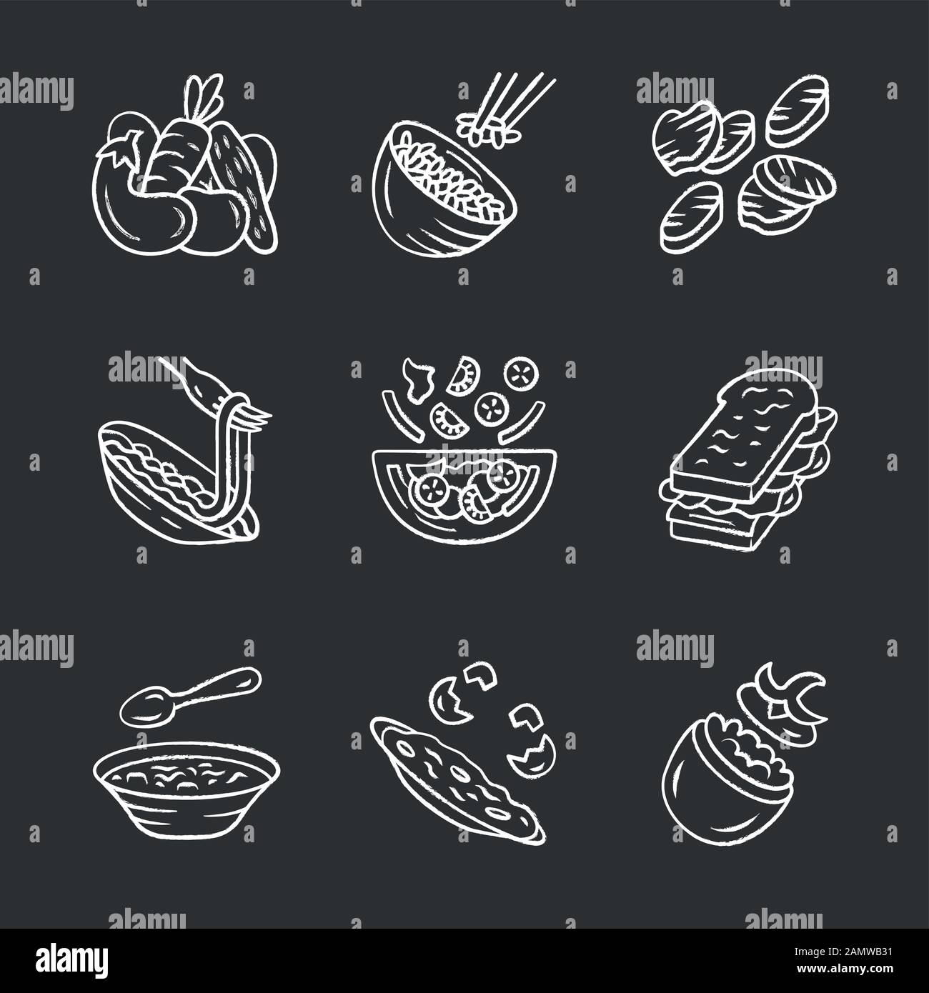 Restaurant menu dishes chalk icons set. Salads, soup, main dishes. Rice ...