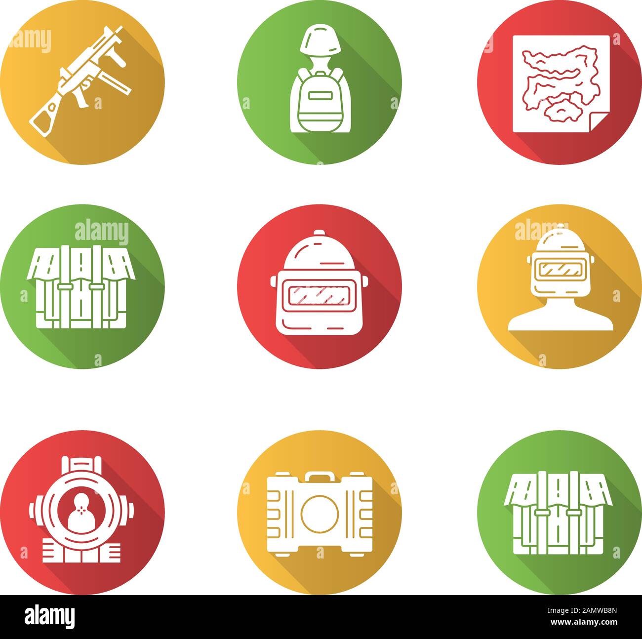 Online game inventory flat design long shadow glyph icons set. Weapon ...