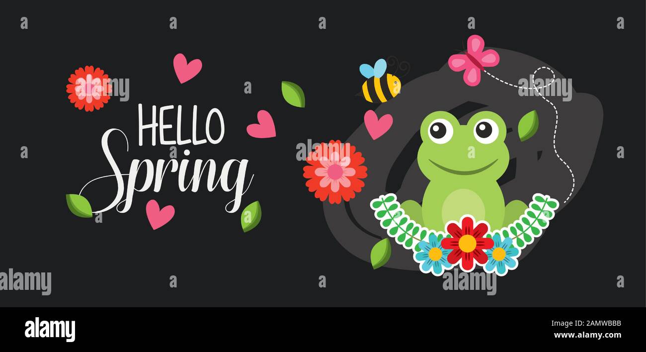 hello spring poster with toad and insects flying Stock Vector Image ...
