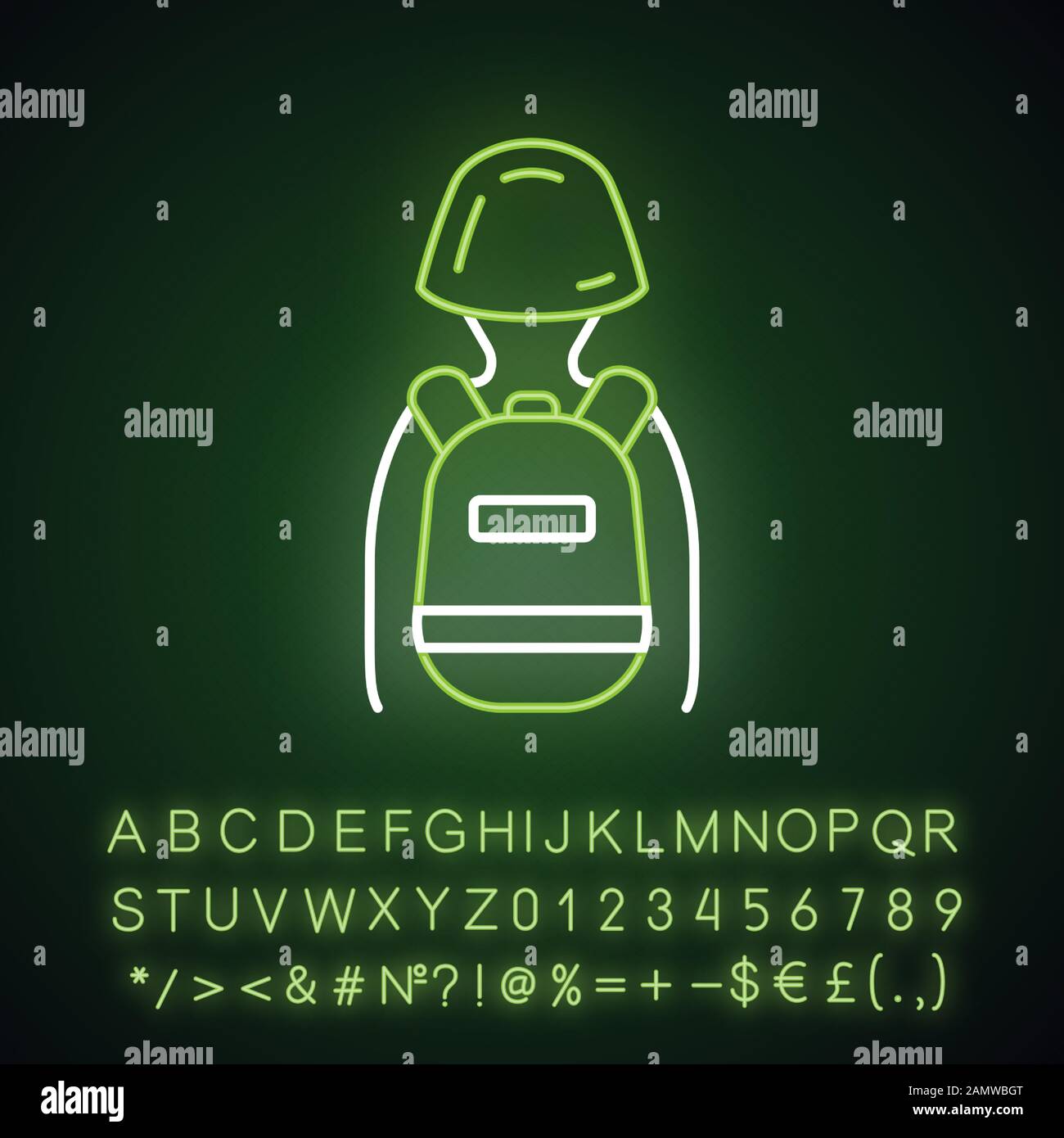 Game soldier with tactical backpack neon light icon. Player with game ...