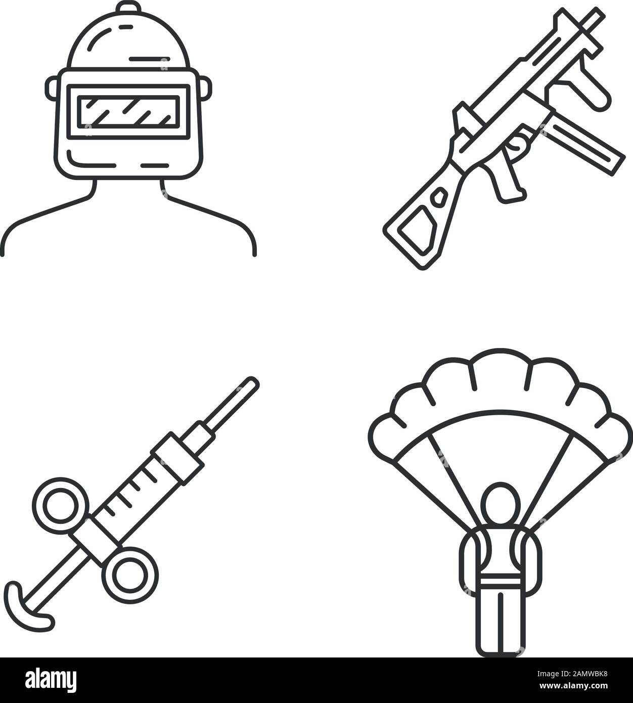 Online game inventory linear icons set. Esports. Safety helmet, weapon ...