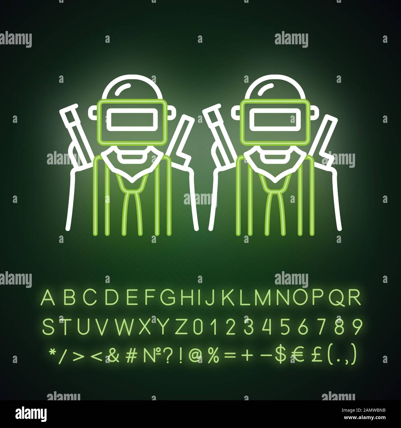 Game soldiers neon light icon. Virtual game team. Shooter from first ...
