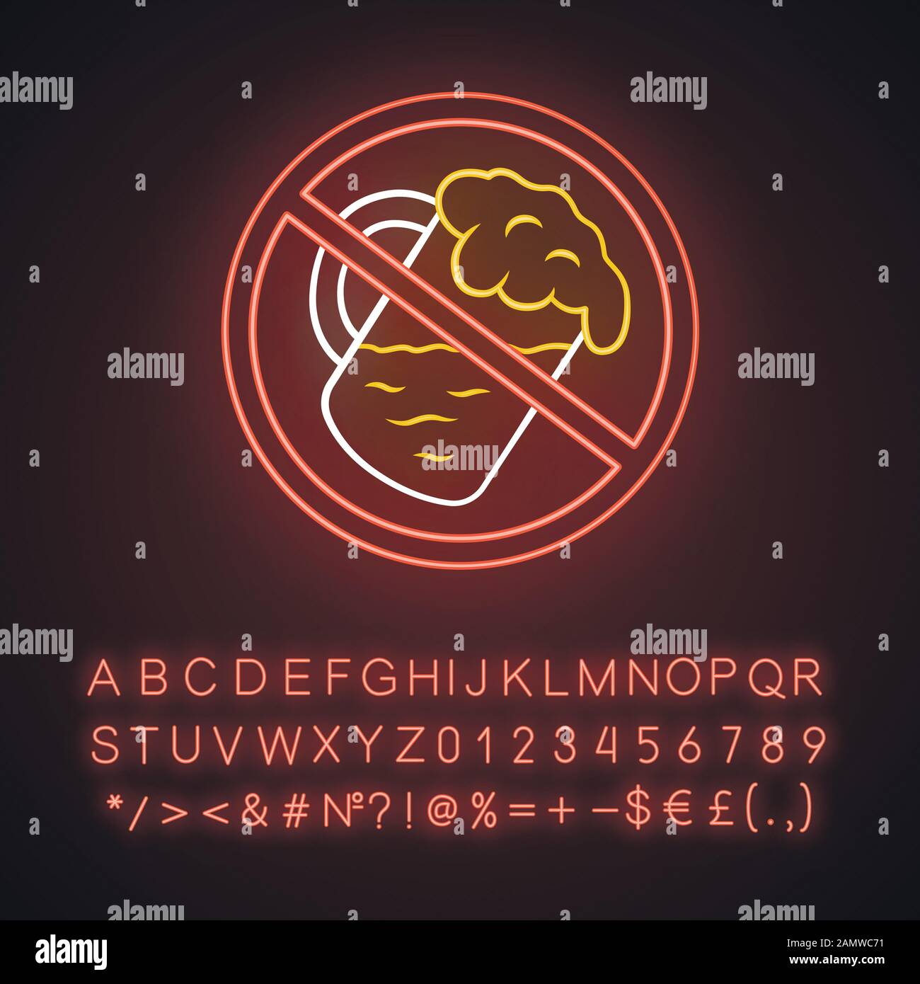 No alcohol beverage neon light icon. Drinking forbidden label. Glowing ...