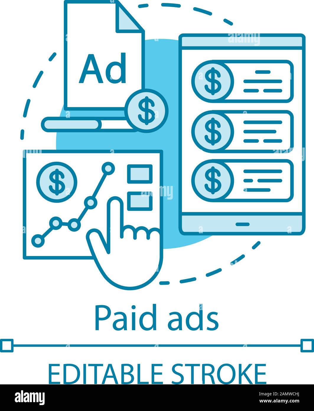 Paid ads blue concept icon. Online marketing idea thin line ...