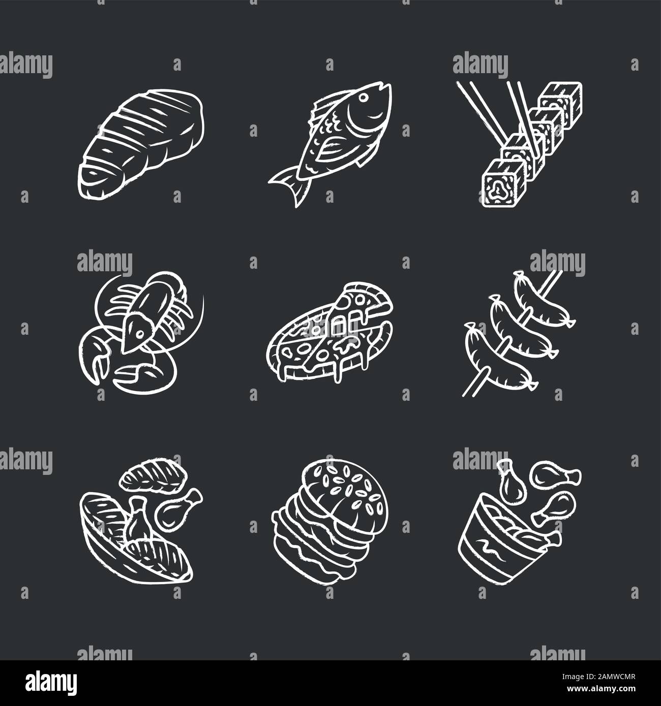 Restaurant menu chalk icons set. Fast food, italian and mediterranean ...