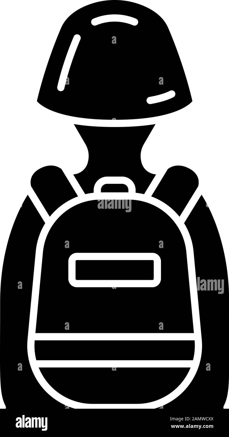 Game soldier with tactical backpack glyph icon. Player with game ...