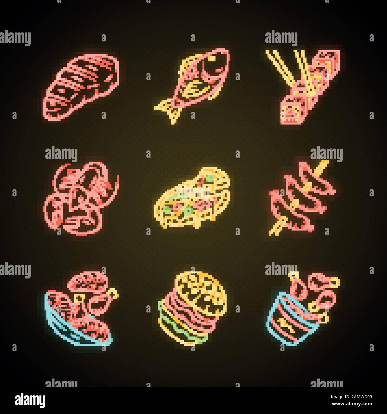 Restaurant menu neon light icons set. Fast food, italian and ...