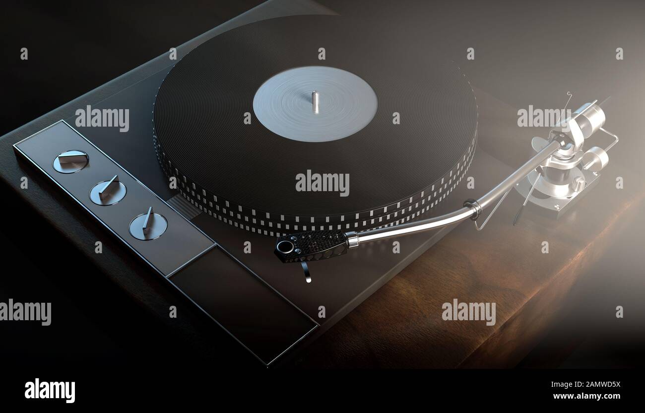 A vintage unbranded turntable record player on a moody backlit dark ...