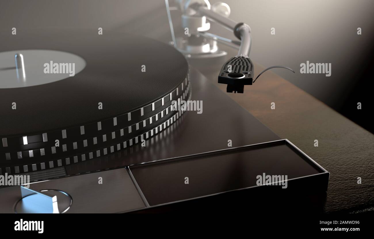 A vintage unbranded turntable record player on a moody backlit dark ...