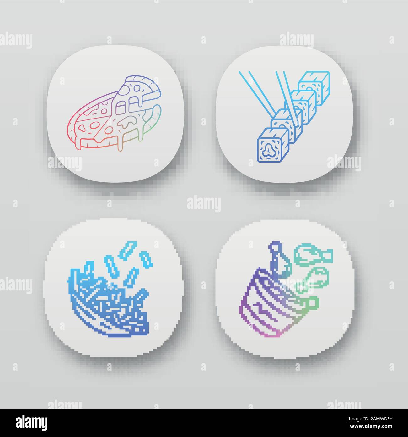 Fast food app icons set. Pizza, french fries, chicken drumsticks, sushi ...