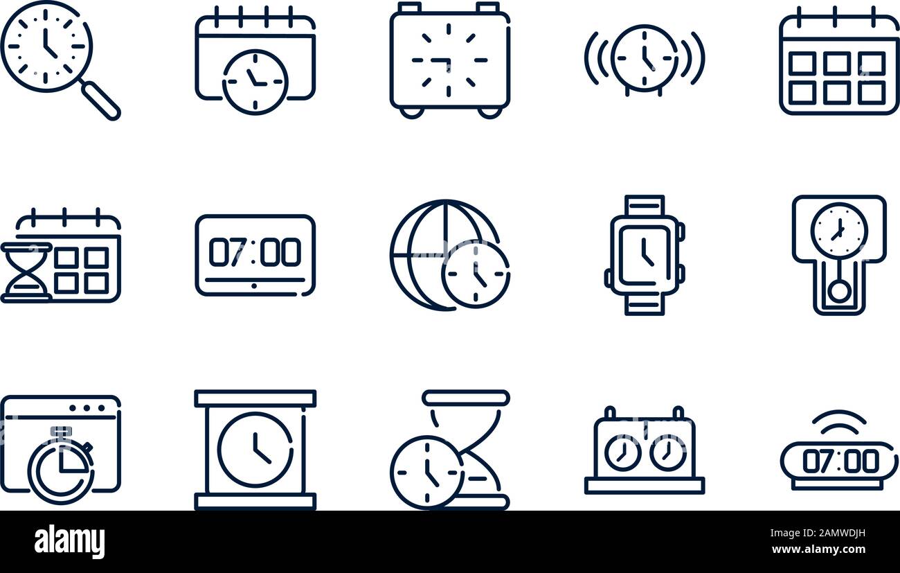 time clock timer hour date linear design set icons vector illustration ...