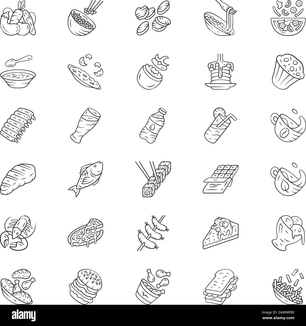 Menu dishes linear icons set. Salads, first meal, main dishes. Burger ...