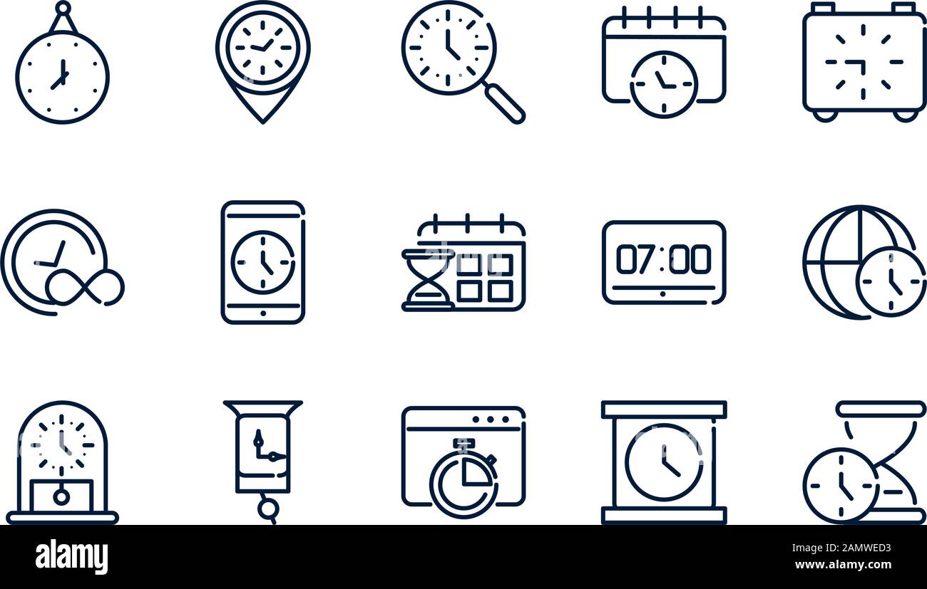 time clock timer hour date linear design set icons vector illustration ...