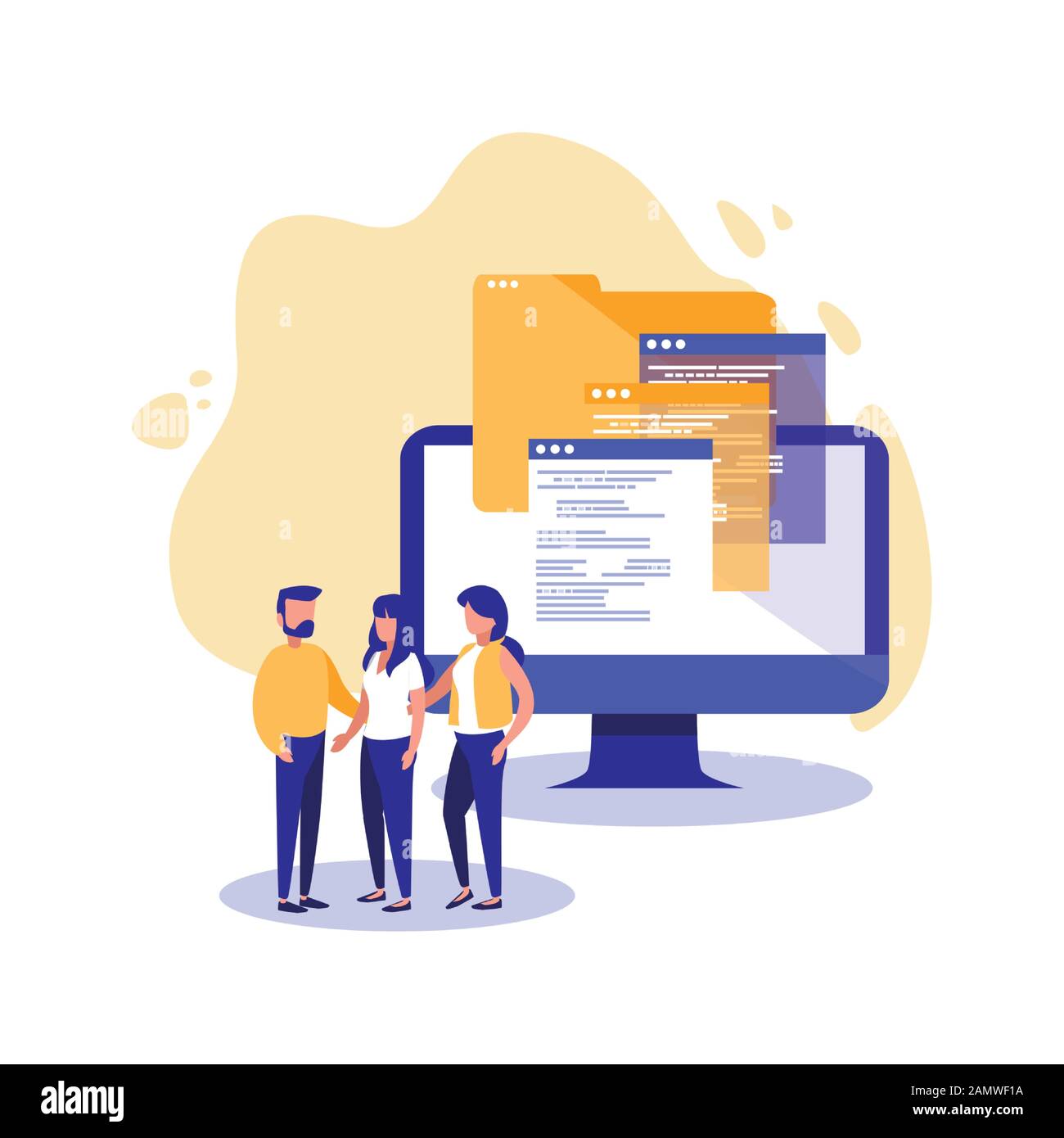 Computer and man and women design, Digital technology communication ...